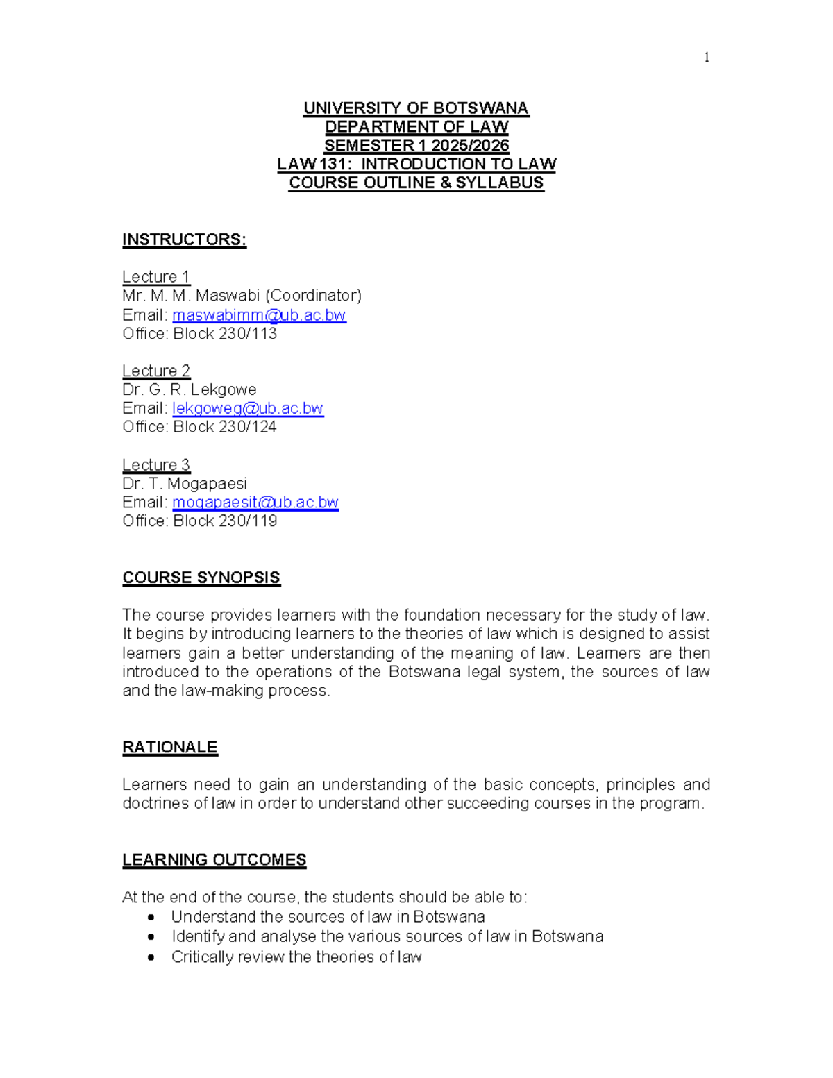 LAW 131: Introduction to Law - Course Outline & Syllabus - Studocu