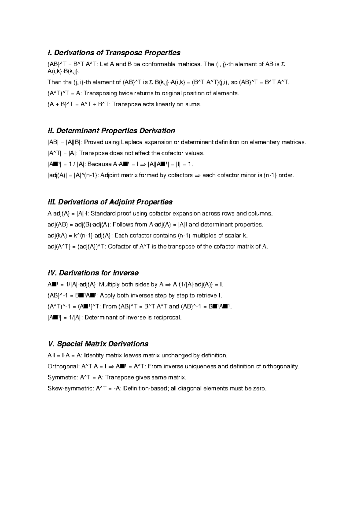 Matrix Properties Derivations Cheat Sheet (MATH 101) - Studocu