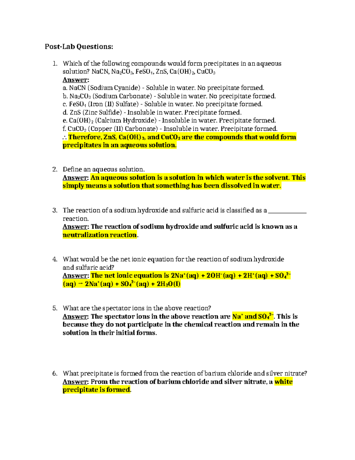 Post-Lab Questions 5: Solutions & Precipitation Reactions Analysis ...