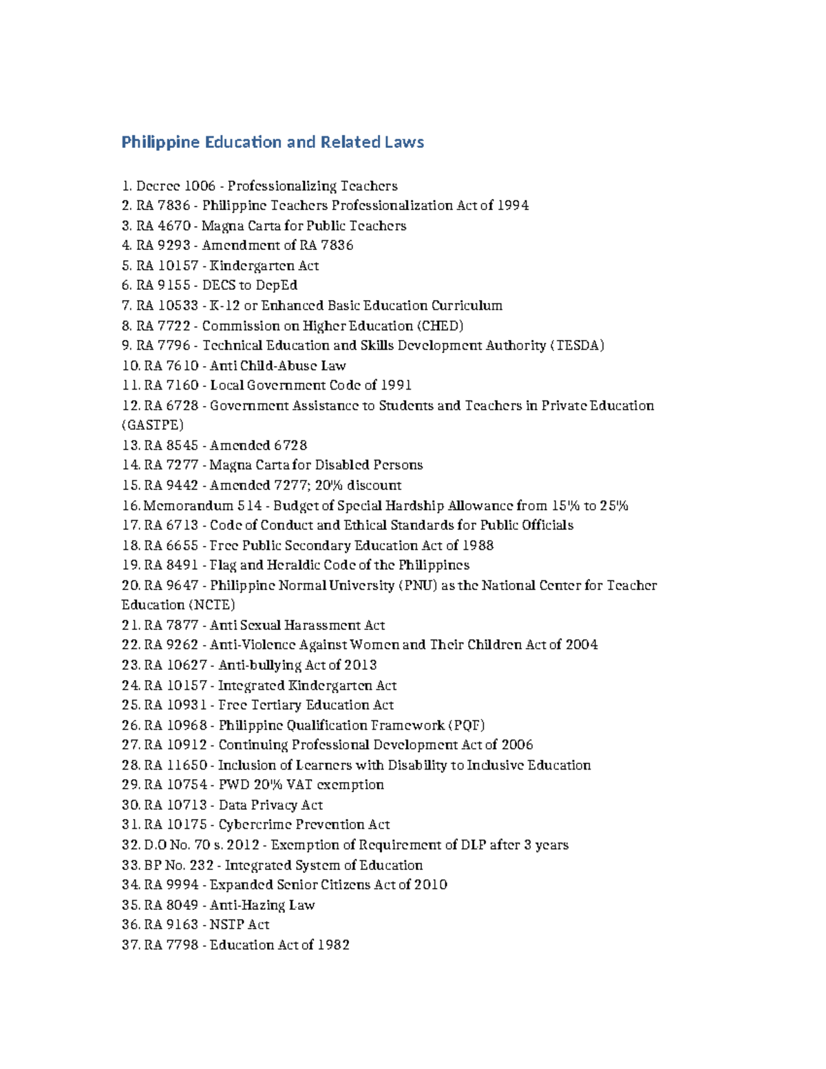 Philippine Education Laws Overview: Key Legislation and Acts - Studocu
