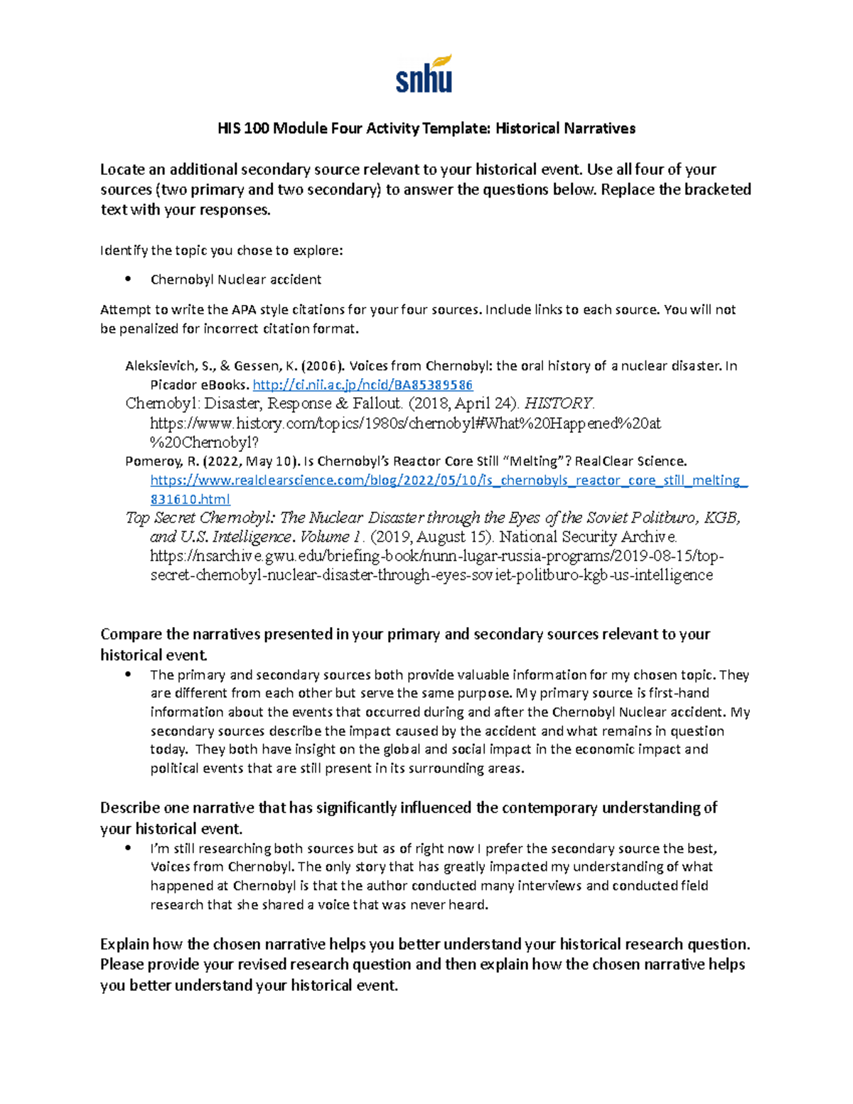 HIS-100 4-2 Activity: Analyzing Historical Narratives of Chernobyl ...