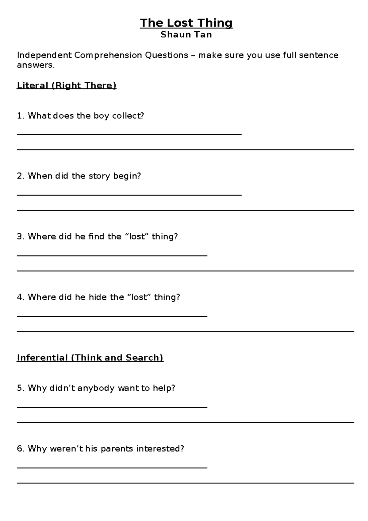 The Lost Thing (Shaun Tan) Comprehension Qs & A - Study Guide - Studocu