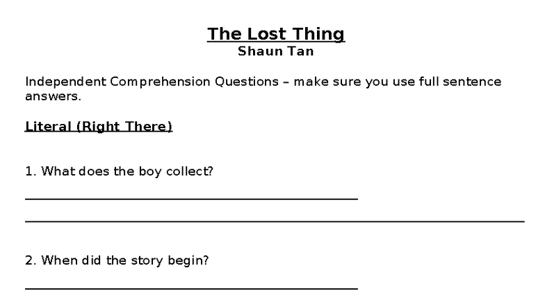 The Lost Thing (Shaun Tan) Comprehension Qs & A - Study Guide - Studocu