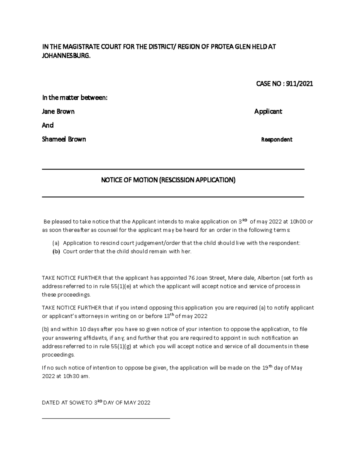 Notice of Motion for Rescission Application: Case No. 911/2021 - Studocu