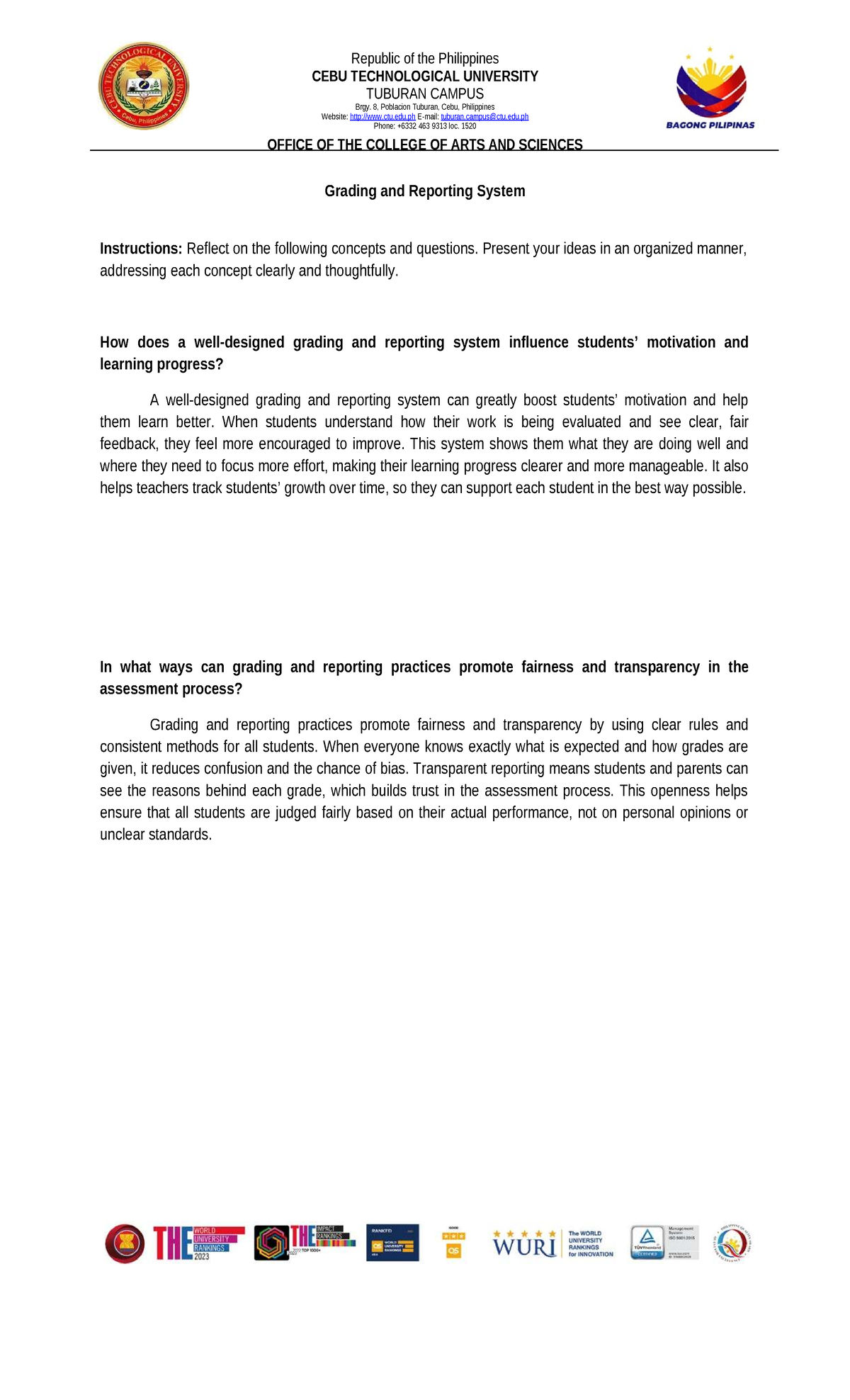 Reflection on Grading & Reporting System - CEBU TECH (dian) - Studocu