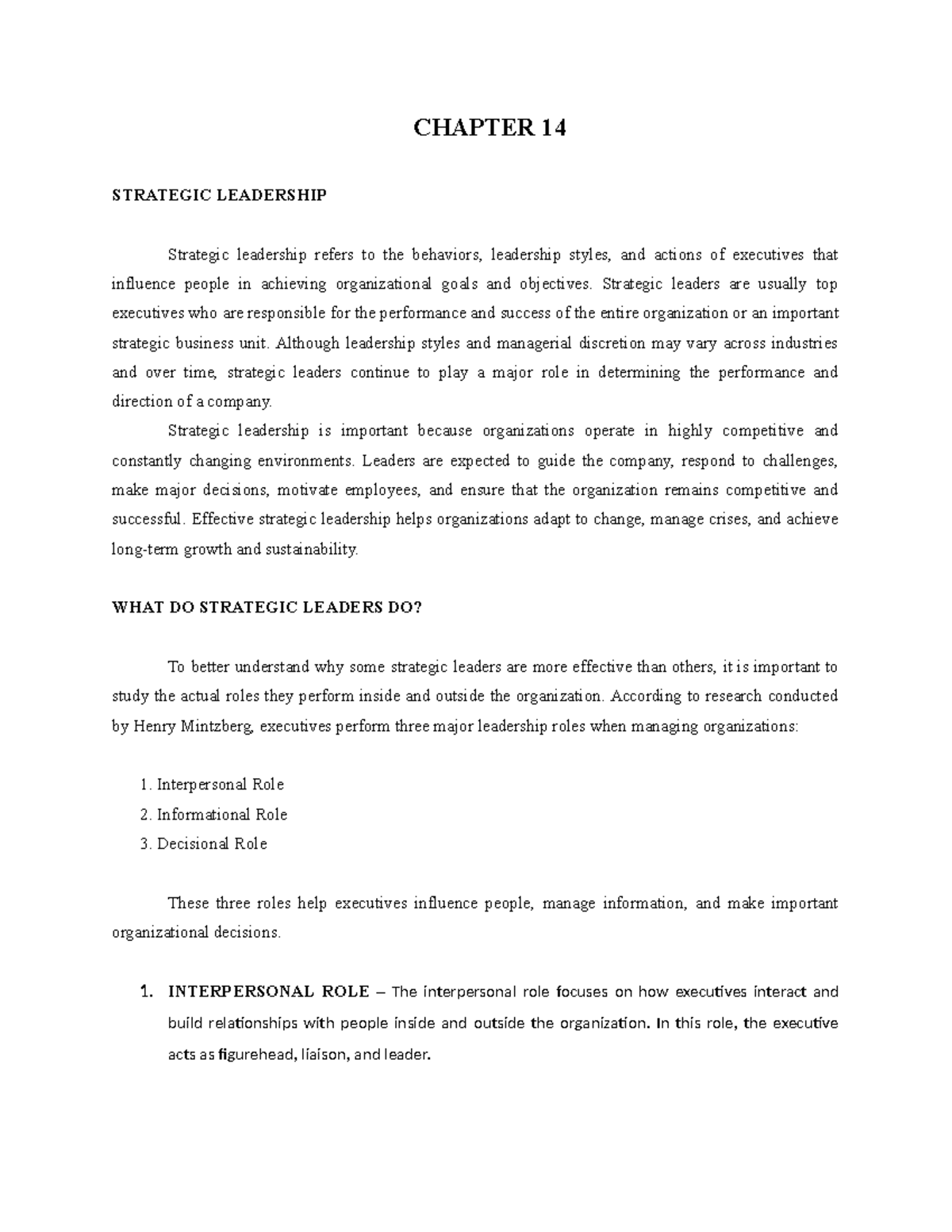 CHAPTER 14 STRATEGIC LEADERSHIP: Key Roles and Lessons for Success ...