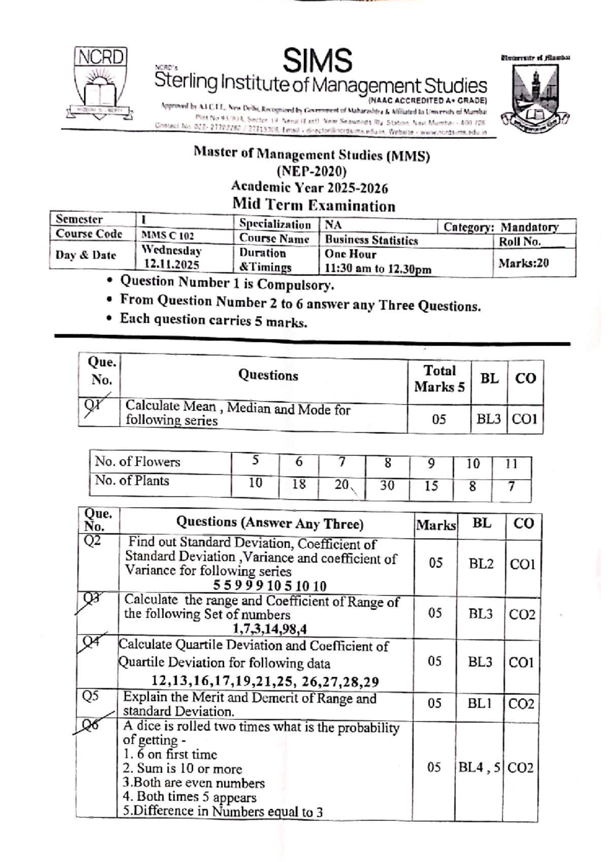 MMS Midterm Exam Questions Paper - Business Statistics, Operations ...