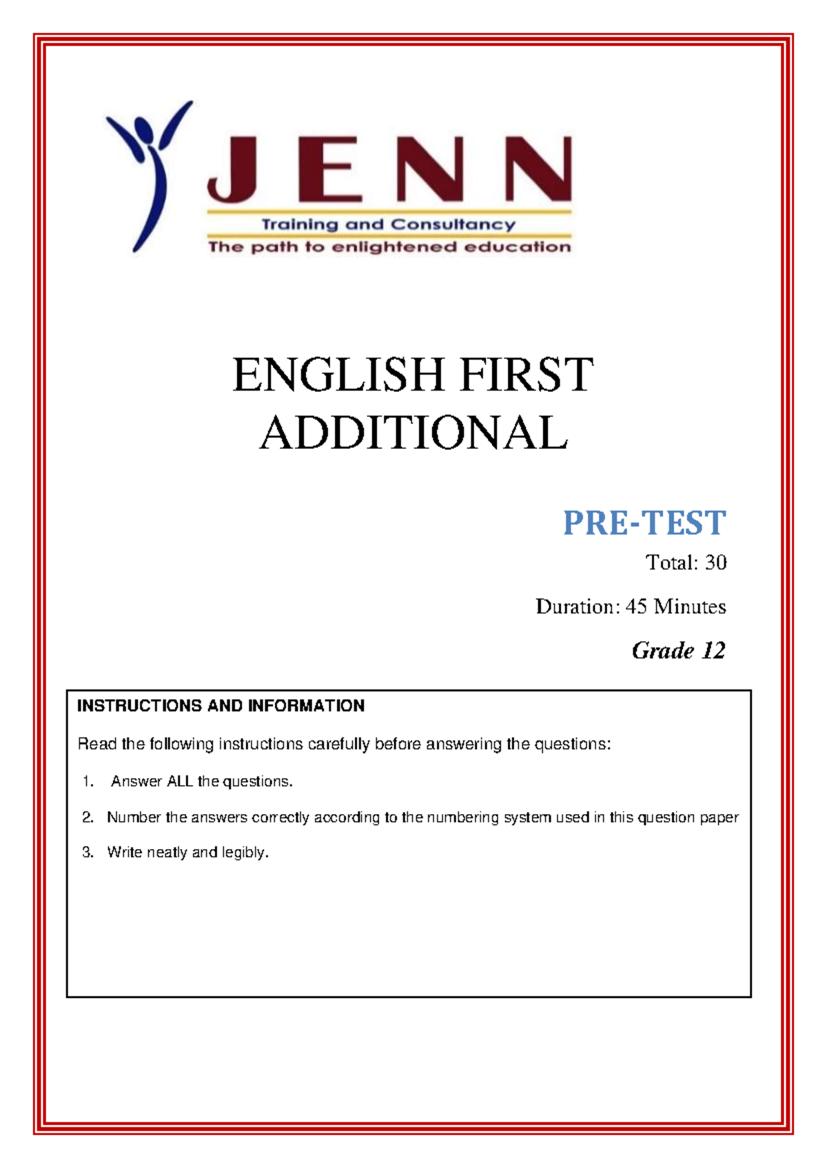 Grade 12 English First Additional Language Pre-Test Questions - Studocu