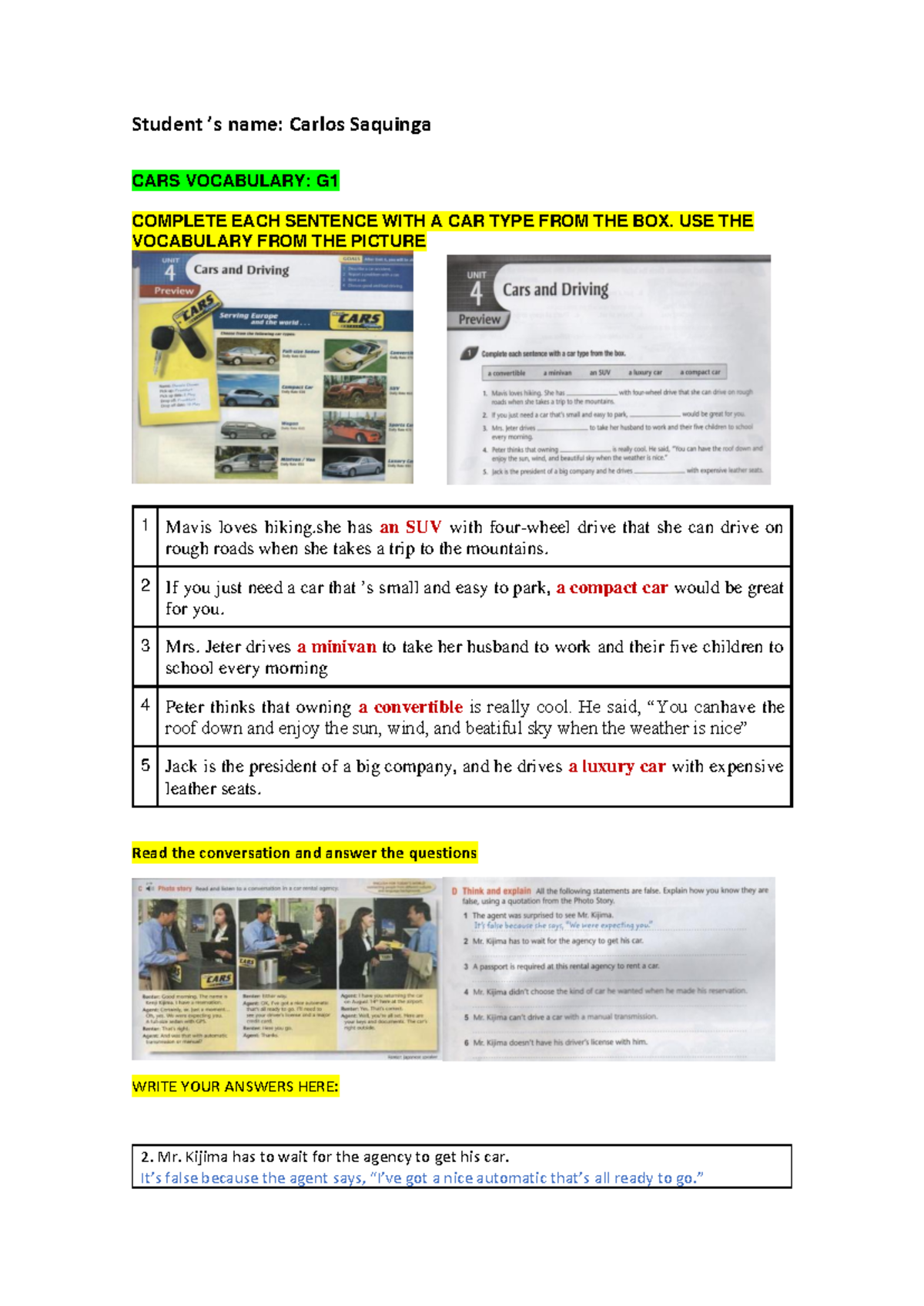 CARS Vocabulary G1: Complete Sentences & Practice Exercises - Studocu
