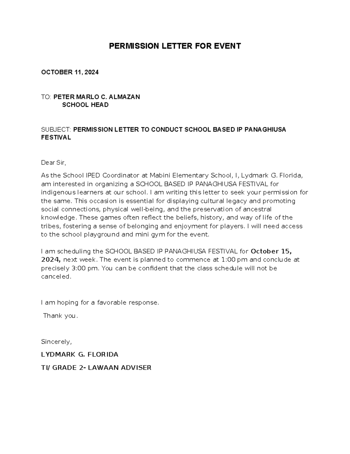 Permission Letter FOR Event - PERMISSION LETTER FOR EVENT OCTOBER 11 ...