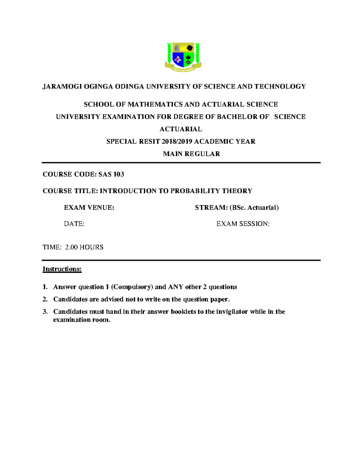 SAS 103 - Introduction to Probability Theory Exam Notes - Studocu