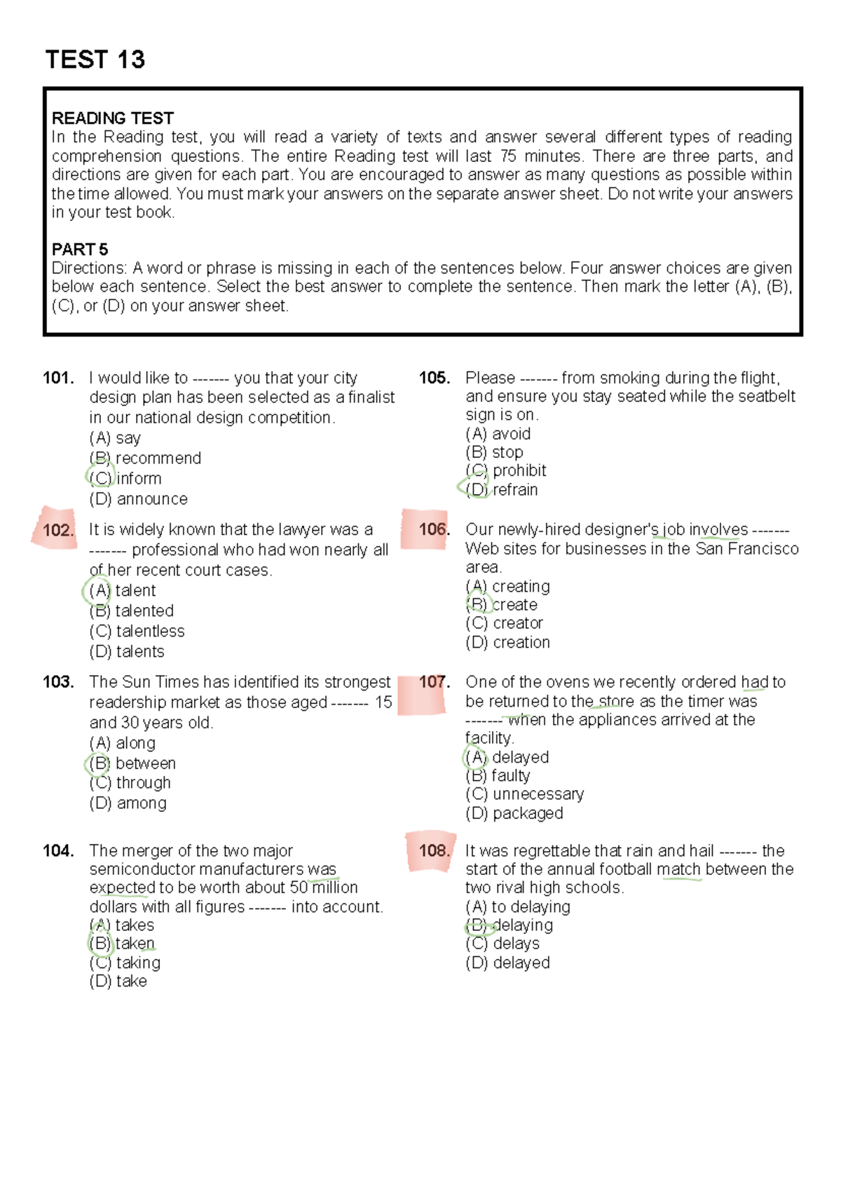 TEST 13 - Reading Comprehension Test Guide and Practice Questions - Studocu