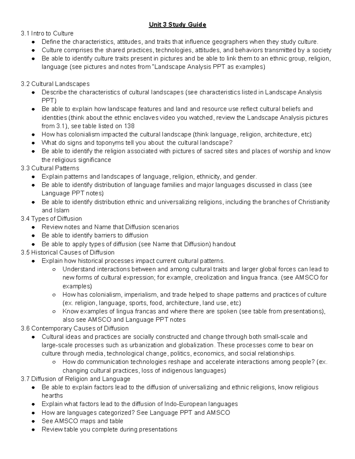 Unit 3 Study Guide: Culture, Landscapes, and Diffusion Concepts - Studocu