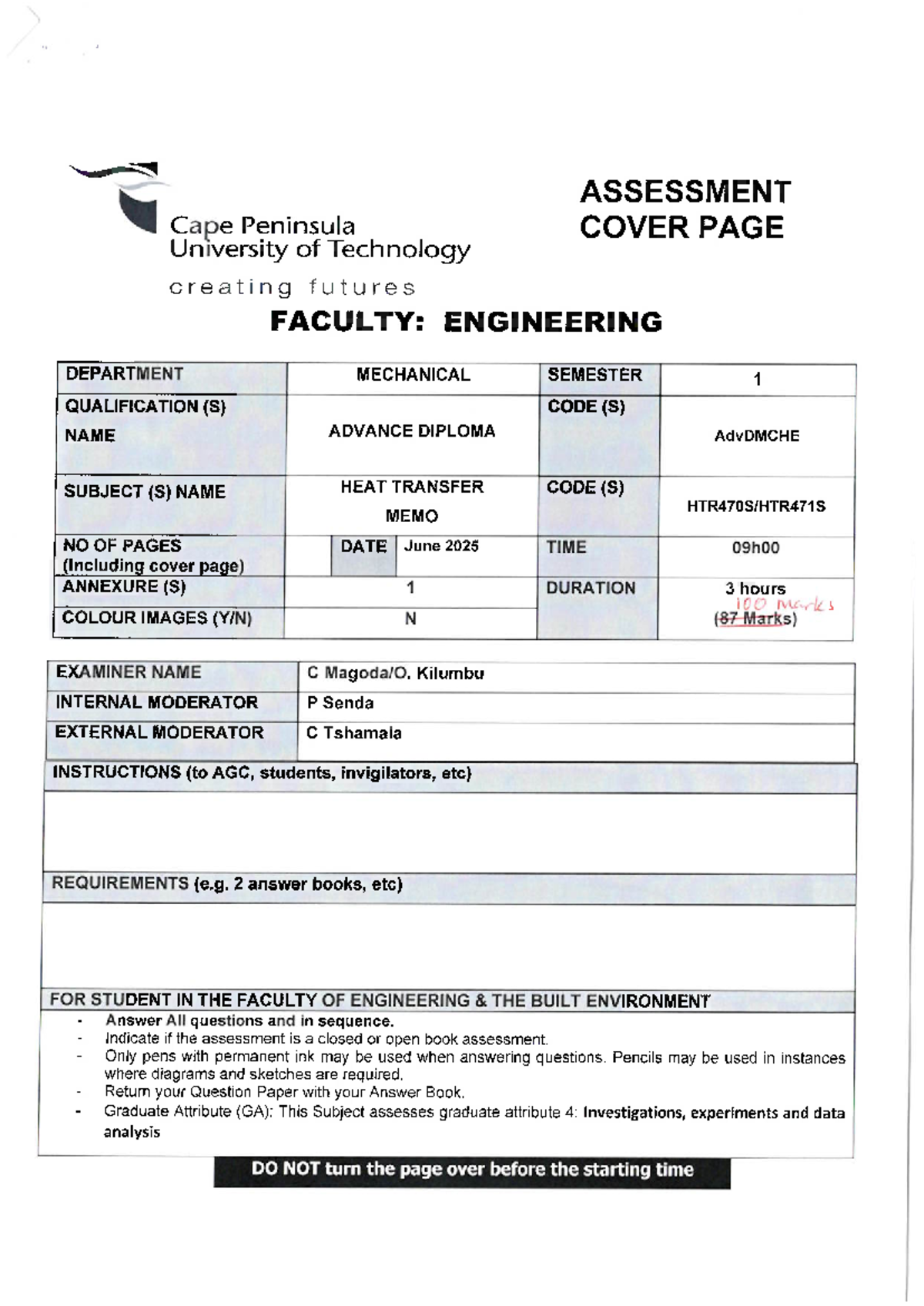 FISA 2025 MEMO - Heat Transfer Assessment Past Paper - Studocu
