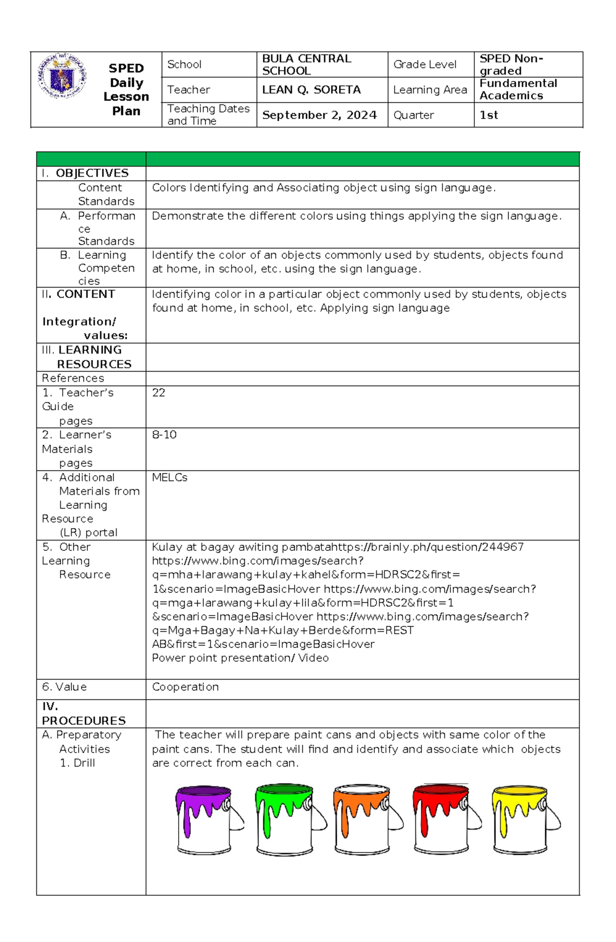 SPED Daily Lesson Plan COT 1: Identifying Colors with Sign Language ...