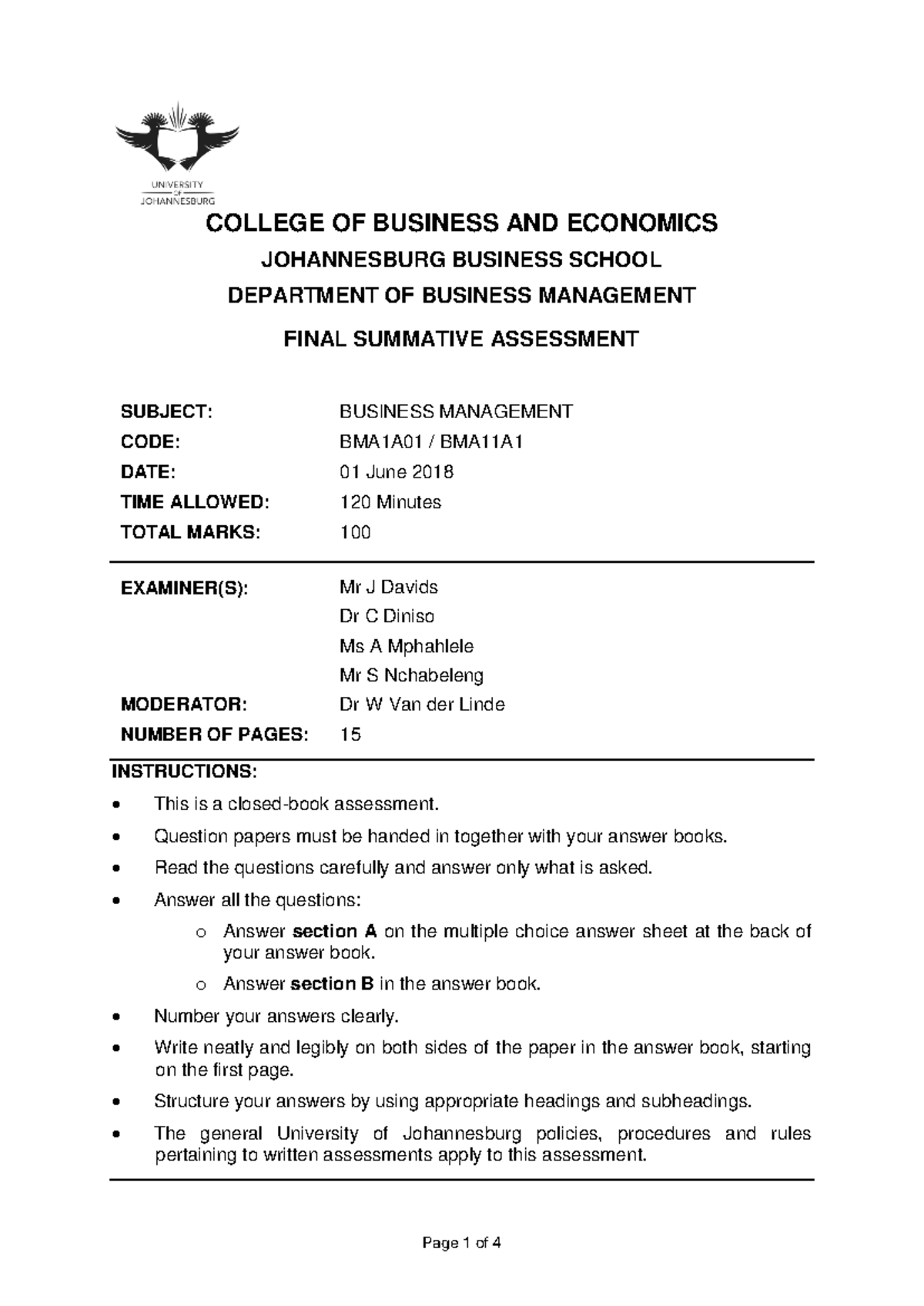 BMA1A01 Final Exam June 2018 Questions - Business Management - Studocu