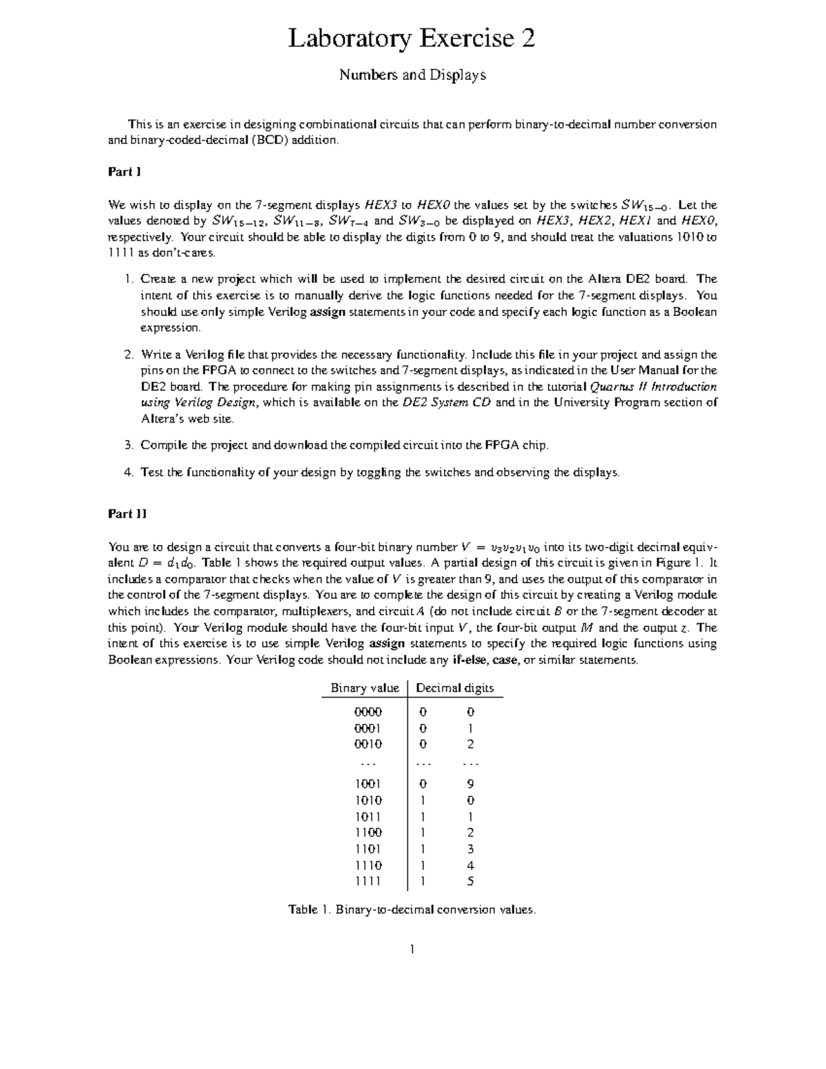 Lab2 Verilog - Laboratory Exercise 2 Numbers and Displays This is an ...