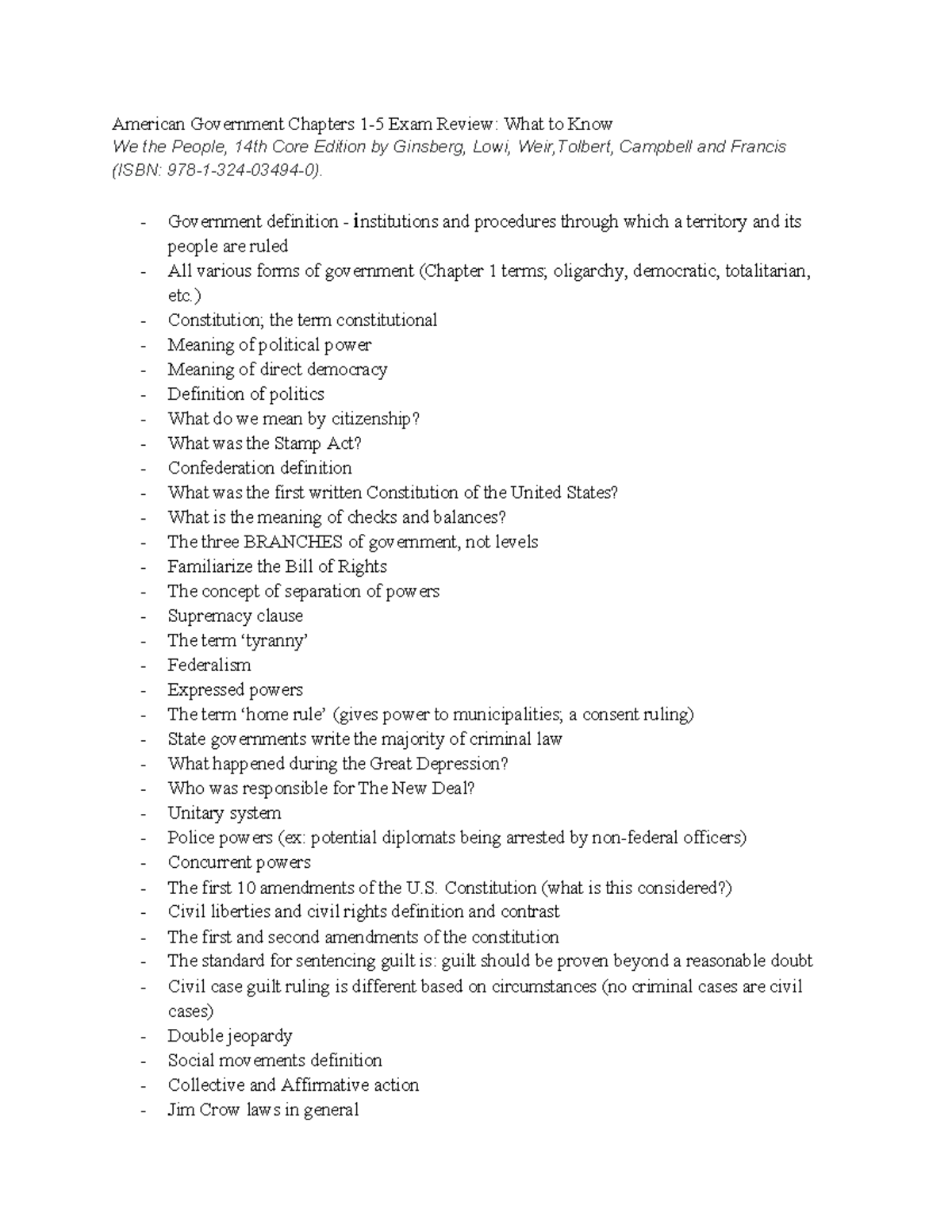 American Government Exam Review: Chapters 1-5 Key Concepts - Studocu