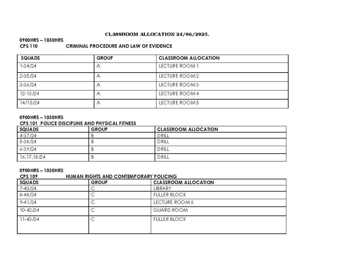 Classroom Allocation Schedule for CPS 110, CPS 101, DPS 114, and DPS ...