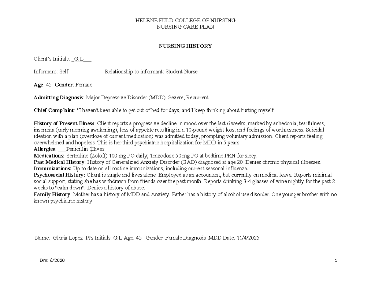 NUR 223 Nursing Care Plan: Major Depressive Disorder Assessment - Studocu