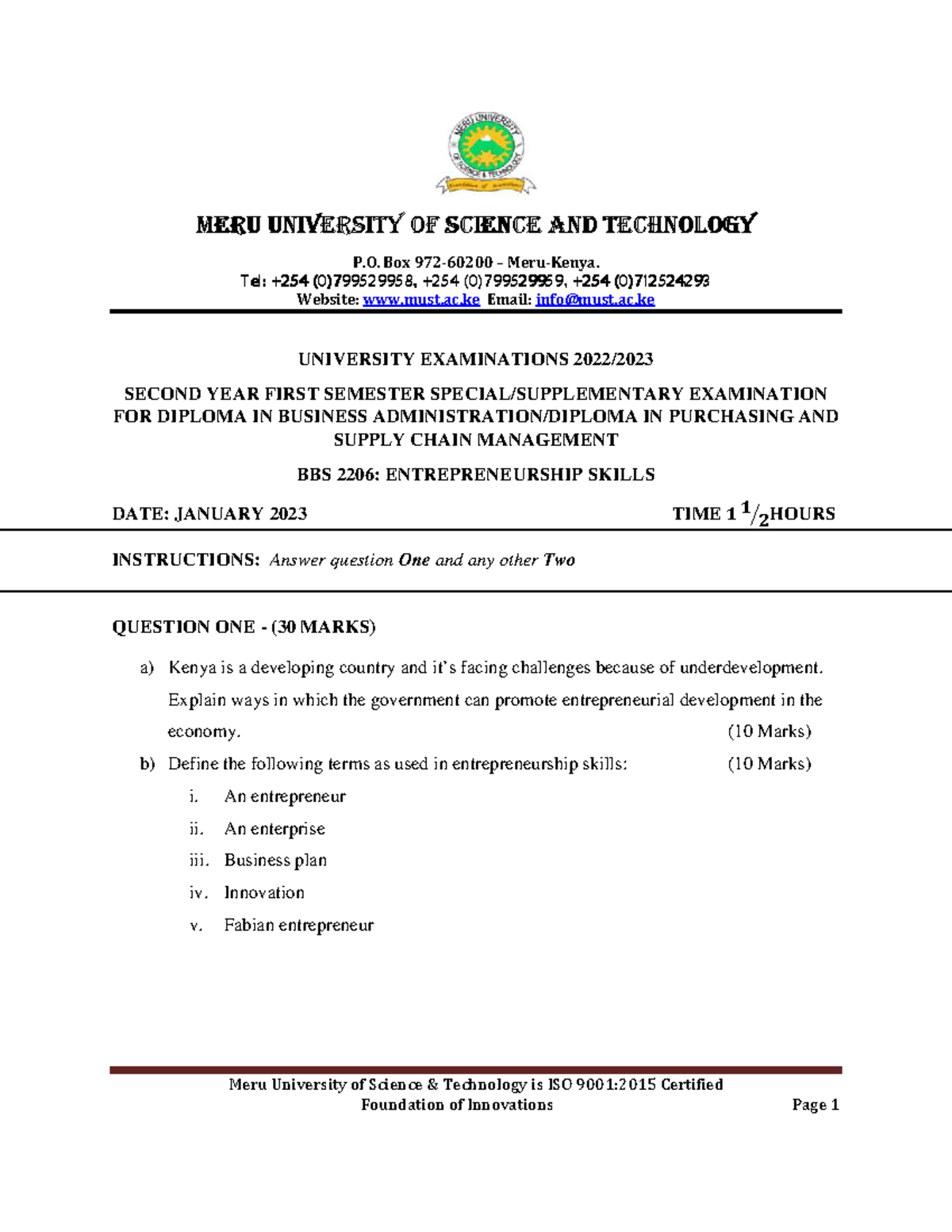 BBS 2206: Entrepreneurship Skills Exam Notes - January 2023 - Studocu