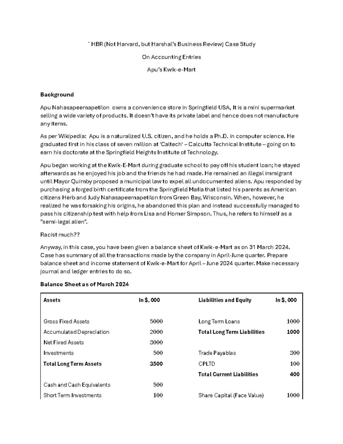 MBA601 Kwik-e-Mart Case Study: Accounting Entries and Analysis - Studocu