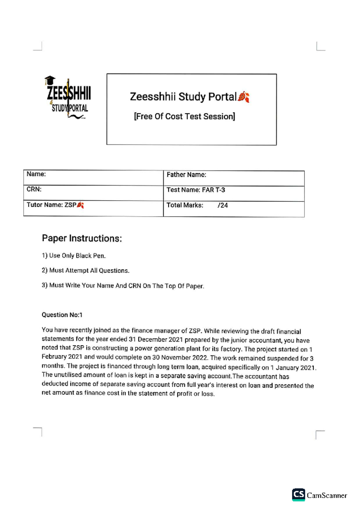 Test CAF-01 FAR (T-3) - Financial Statement Issues & Borrowing Costs ...