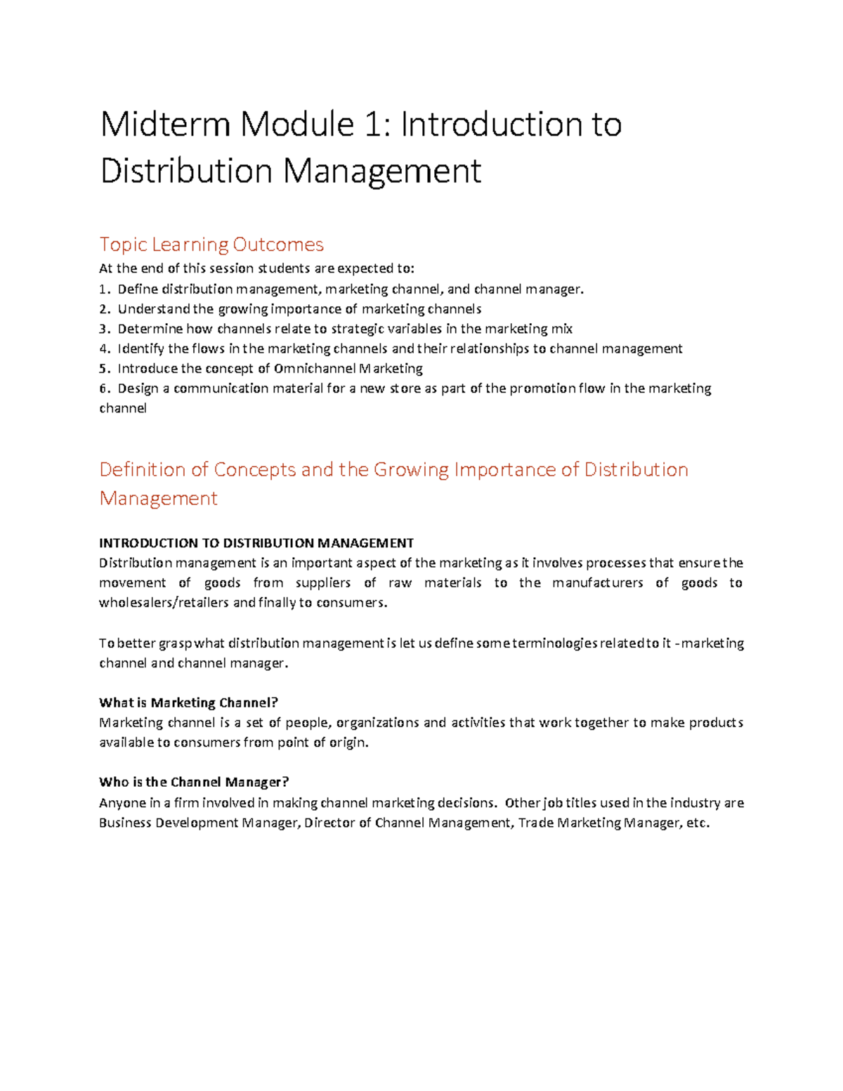 B-BMKD316 Midterm Module 1: Concepts of Distribution Management - Studocu