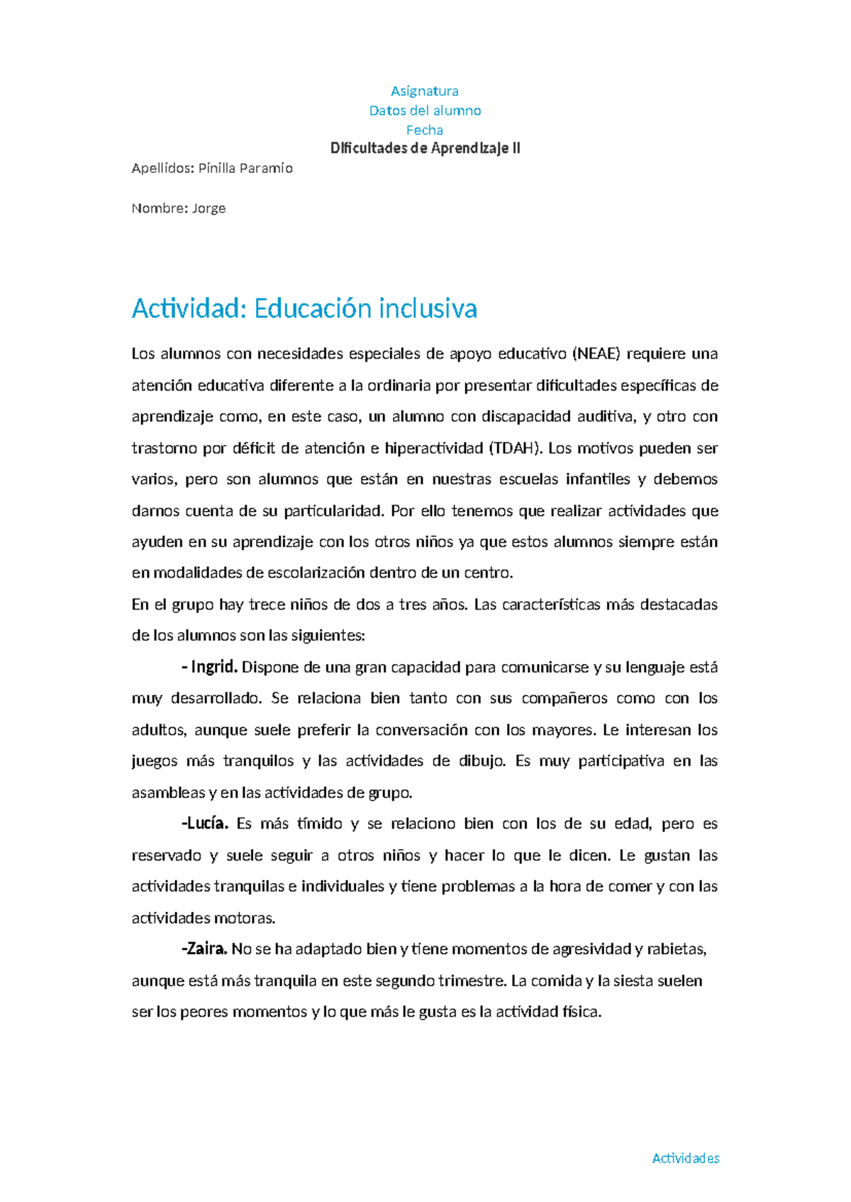 Actividad caso tea - Datos del alumno Fecha Dificultades de Aprendizaje ...