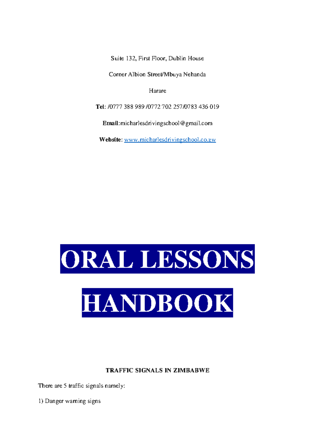 ZIM 101 ORAL Lessons Handbook: Traffic Signals & Driving Concepts - Studocu
