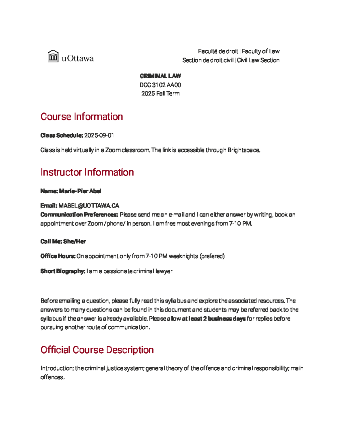 2025 Fall Term DCC 3102 AA00 Criminal Law Course Overview and Schedule ...
