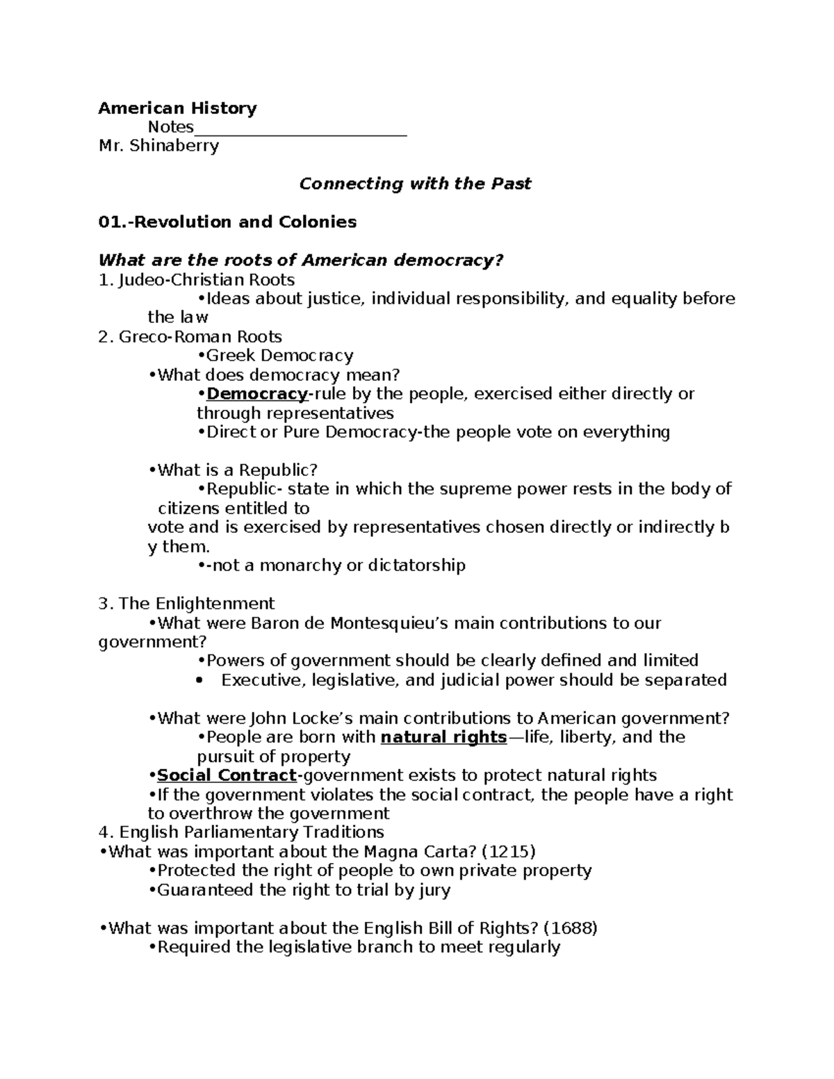 American History 1-Revolution Constitution: Roots of Democracy and ...