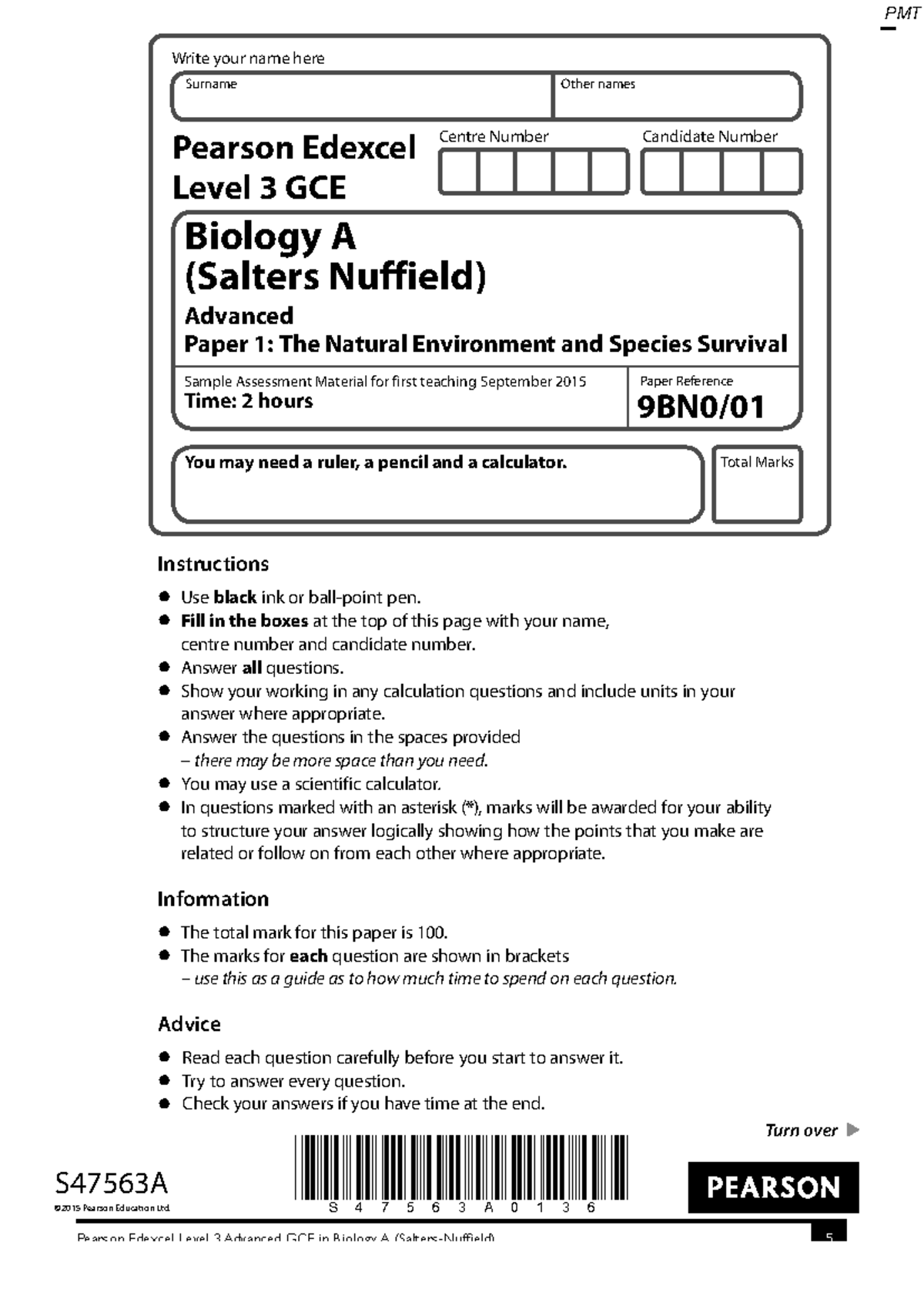 Specimen QP - Paper 1 Edexcel (A) Biology A-Level - Pearson Edexcel ...