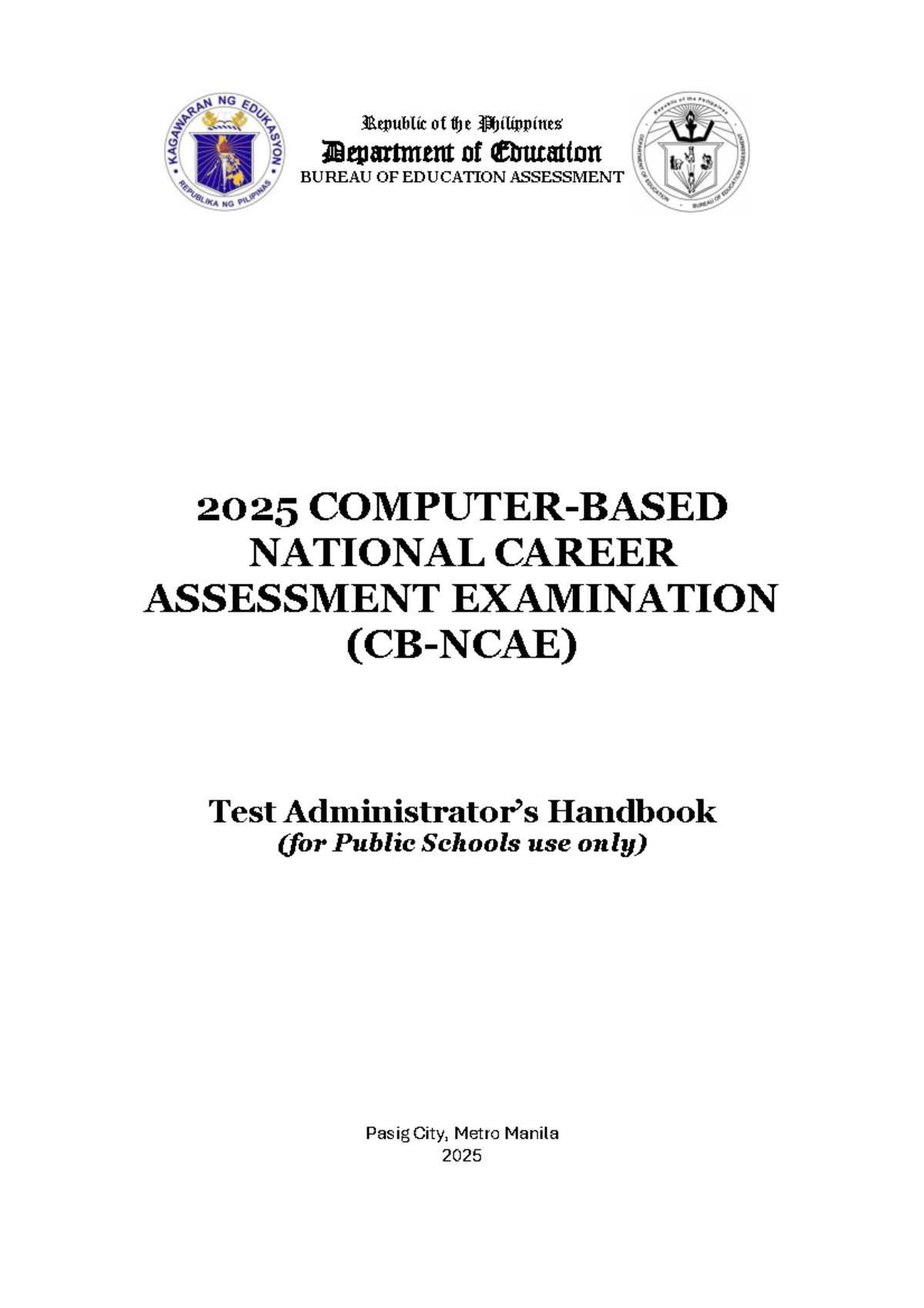 2025-CB-NCAE Test Administrator's Handbook for Public Schools - Studocu