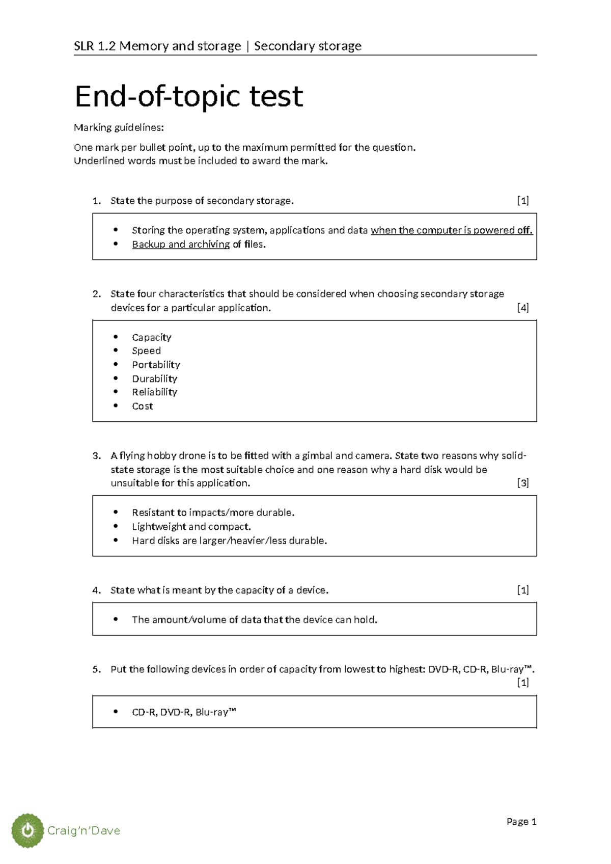 SLR 1.2 Secondary Storage Test Marking Guidelines and Answers - Studocu