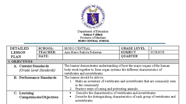 5th Grade Science Detailed Lesson Plan: Vertebrates & Invertebrates ...