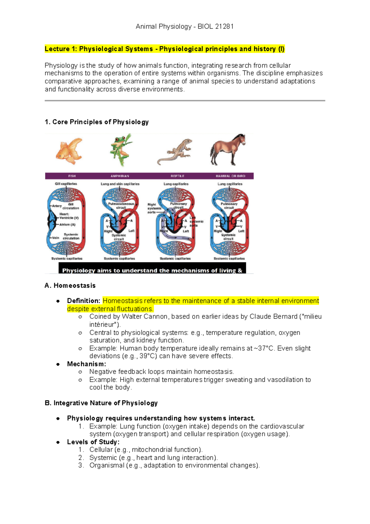 Animal Physiology BIOL 21281 Lecture 1: Physiological Systems Overview ...