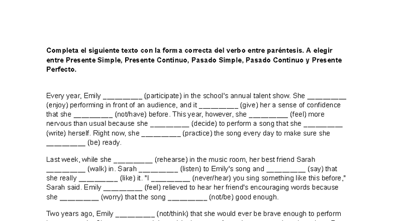 Ejercicio de Verbos: Mix Presente y Pasado - Studocu