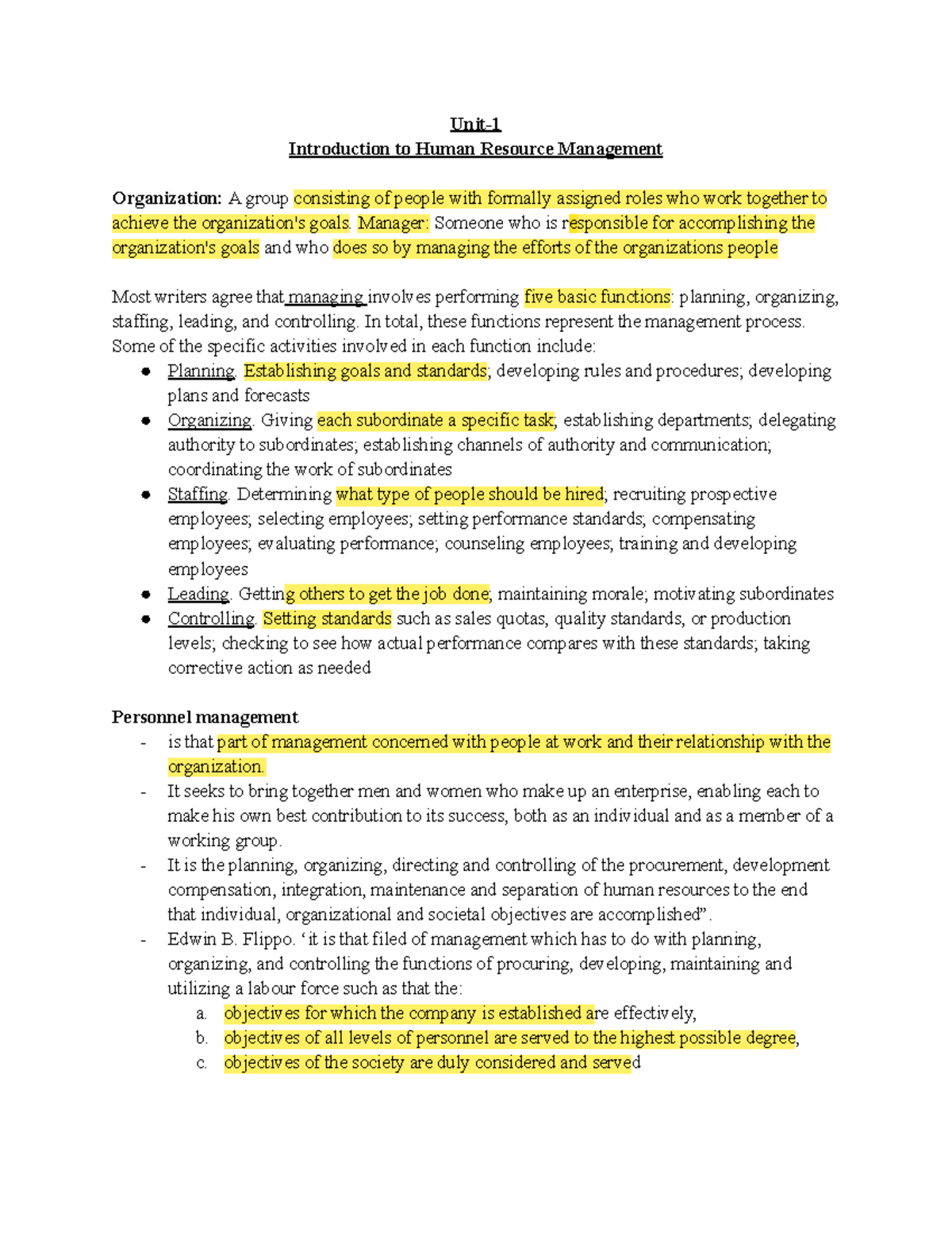 HRM 101 - Comprehensive Unit 1 Study Notes on Human Resource Management ...