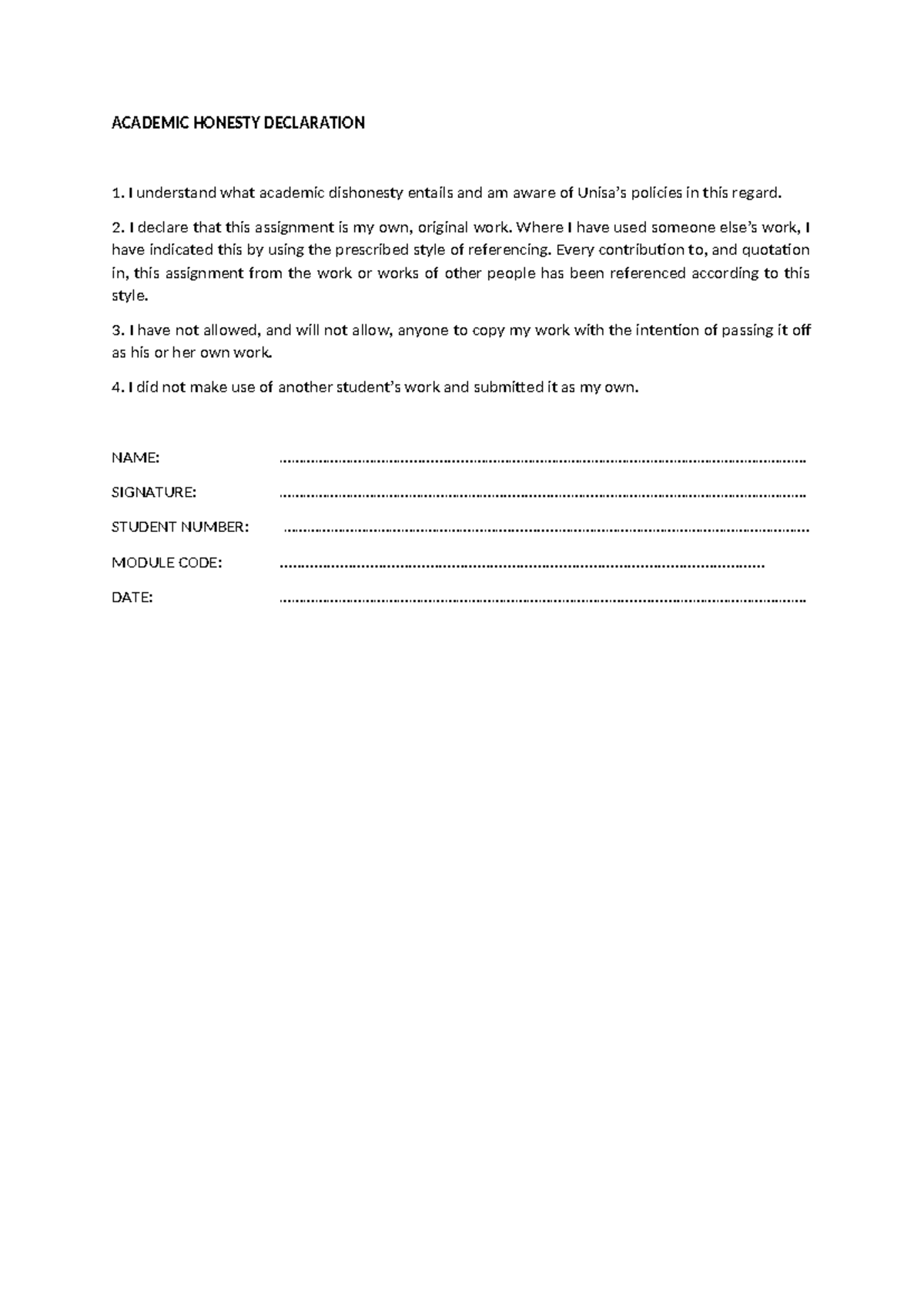 Academic Honesty Declaration for Assignments - Unisa Module - Studocu