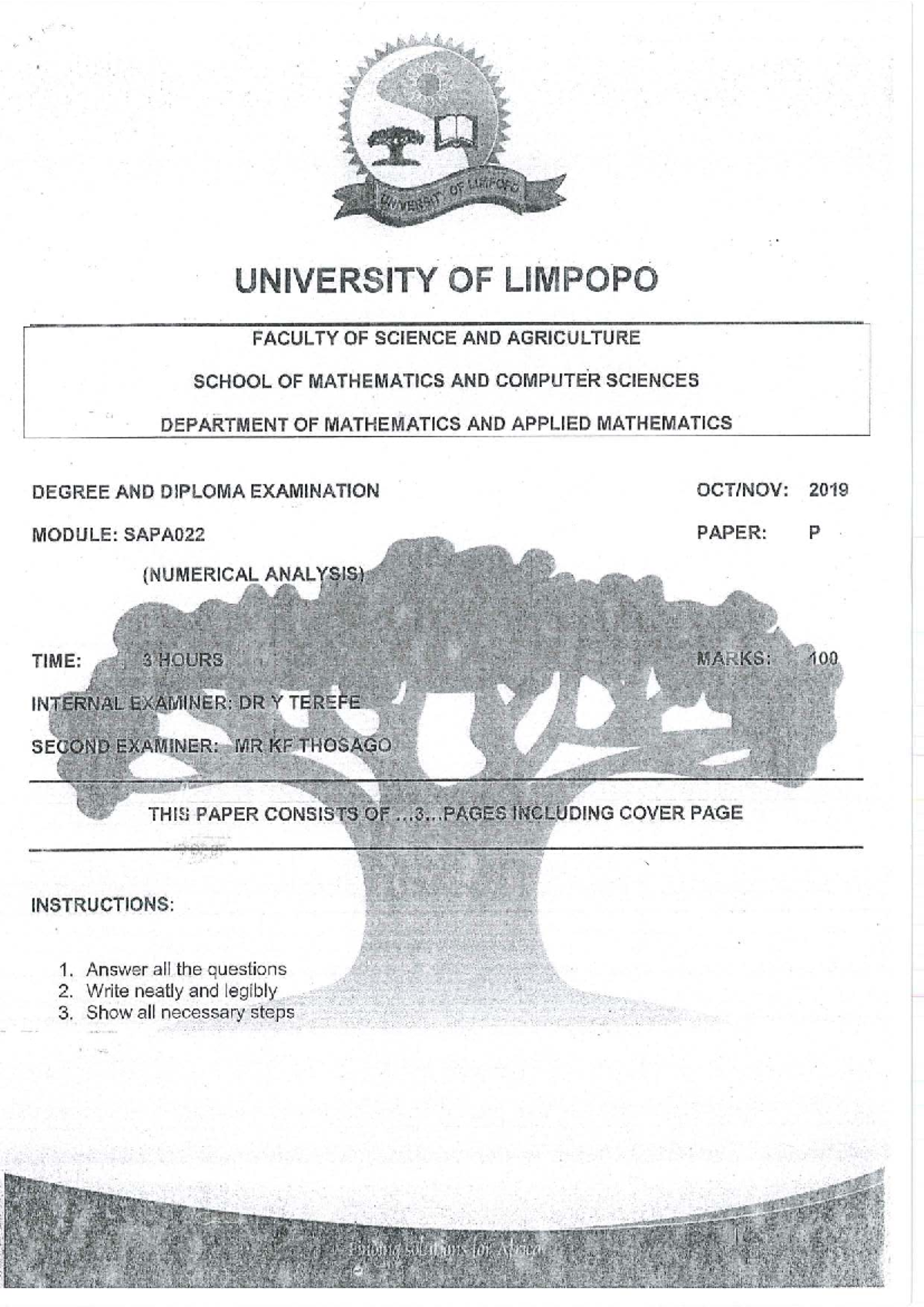 SAPA022 Numerical Analysis Exam Paper - October-November 2019 - Studocu