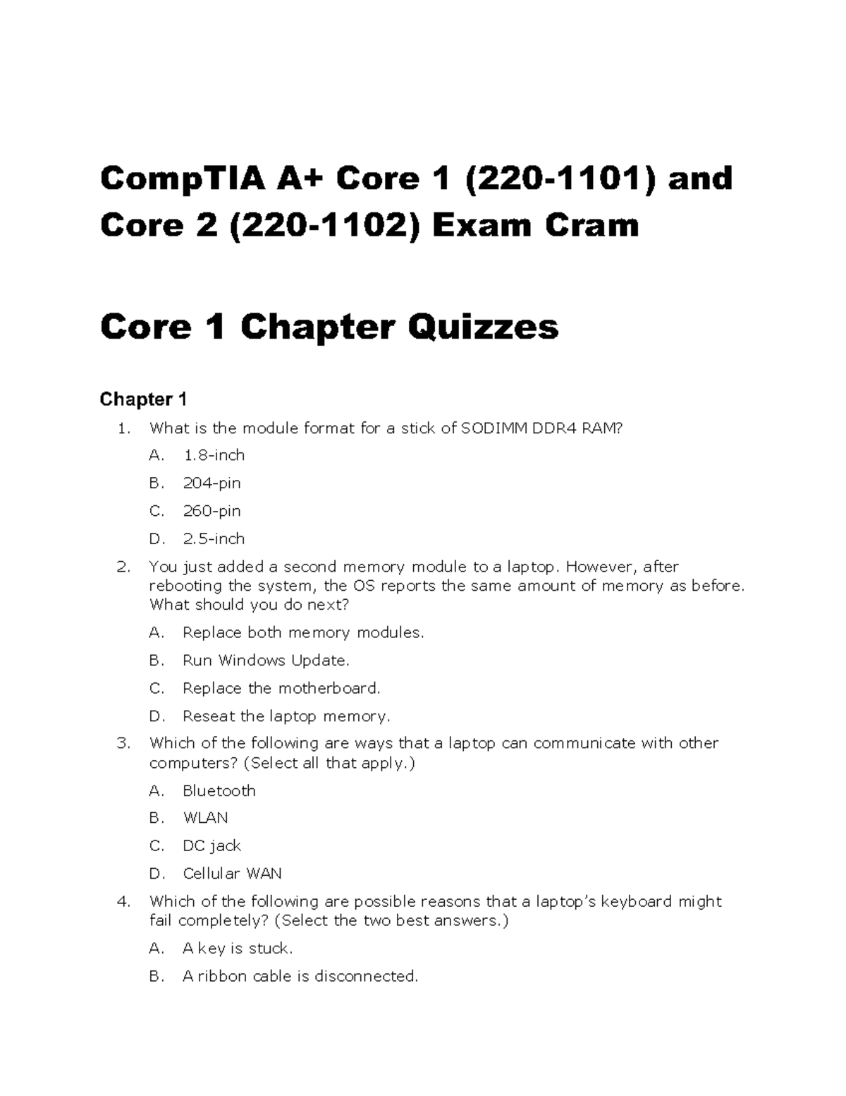 CompTIA A+ (220-1101/220-1102) Final Exam Cram Quizzes - Studocu