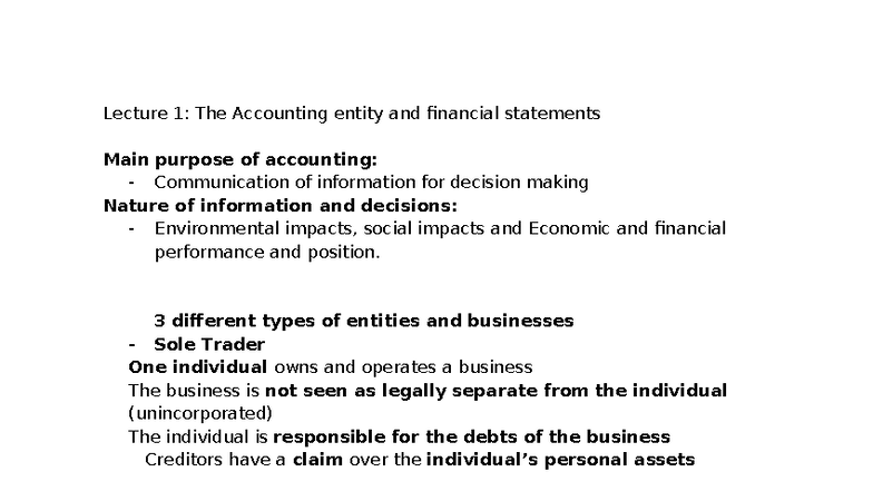 Lecture 1: Accounting Entities & Financial Statements Overview - Studocu