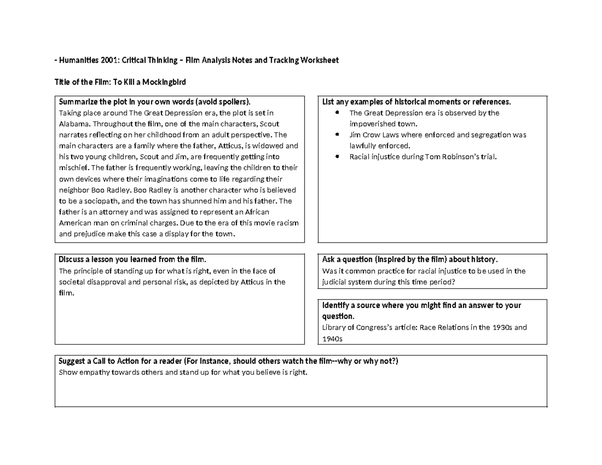 Humanities 2001: Prewriting Notes for Film Analysis of To Kill a ...