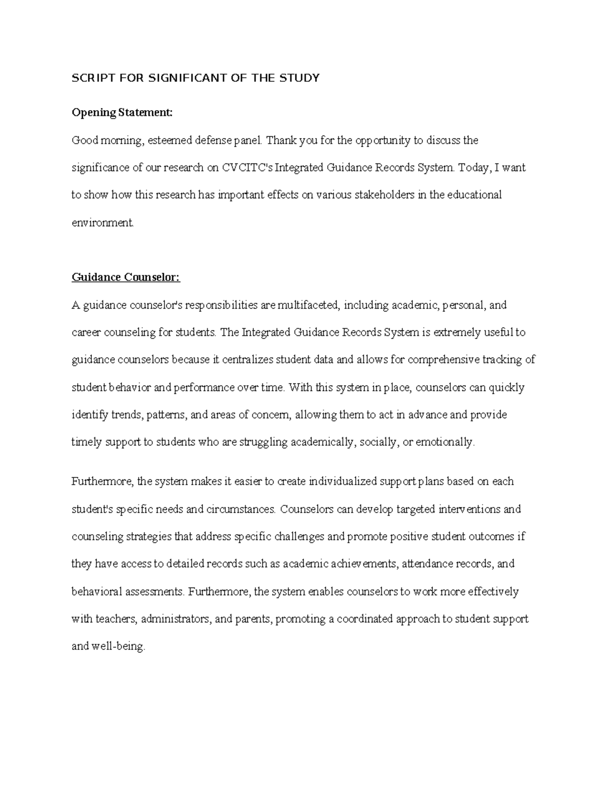 Script for the Significance of the Study on CVCITC's Guidance Records ...