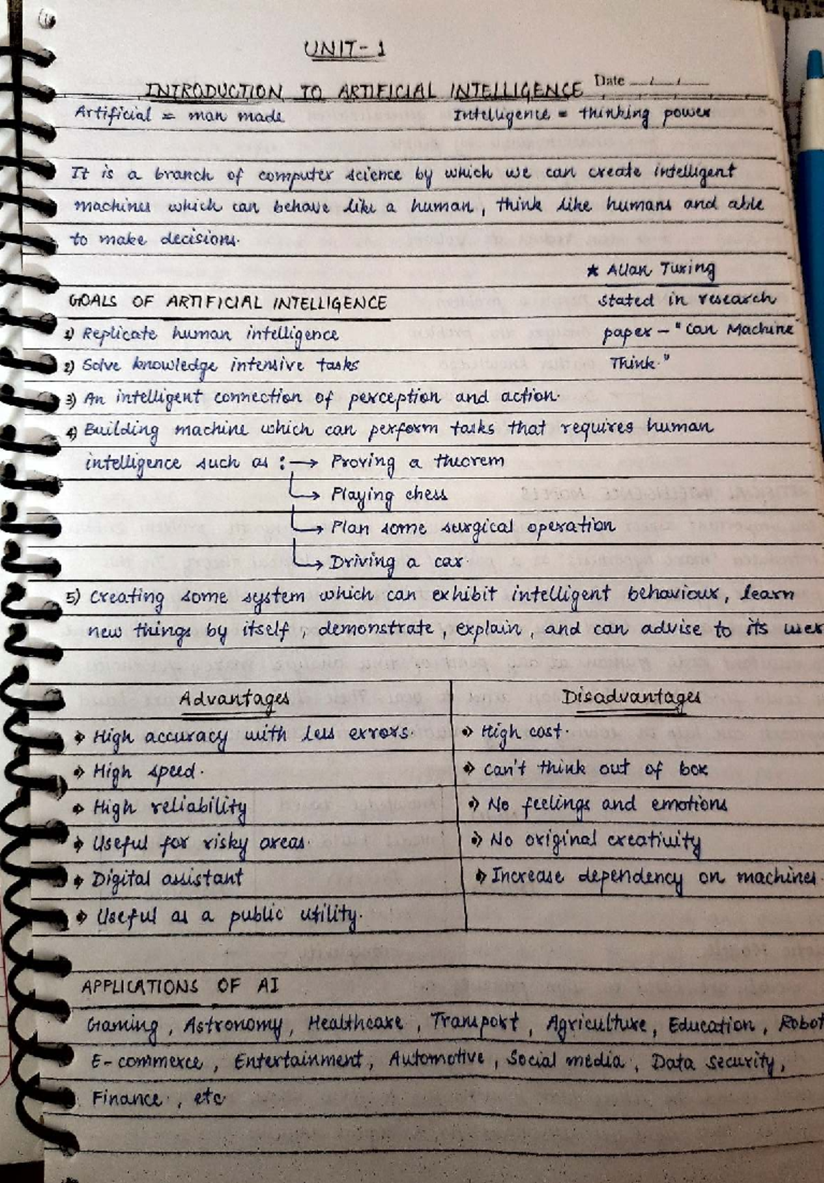 Unit 1 AI - Handwritten Notes on Artificial Intelligence Concepts - Studocu