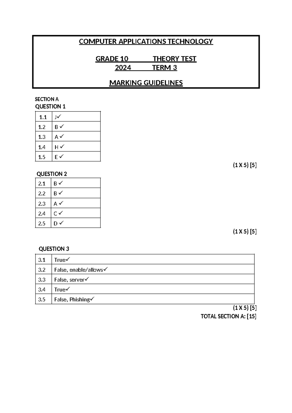 Grade 10 Computer Applications Tech Term 3 Theory Test Memo - Studocu