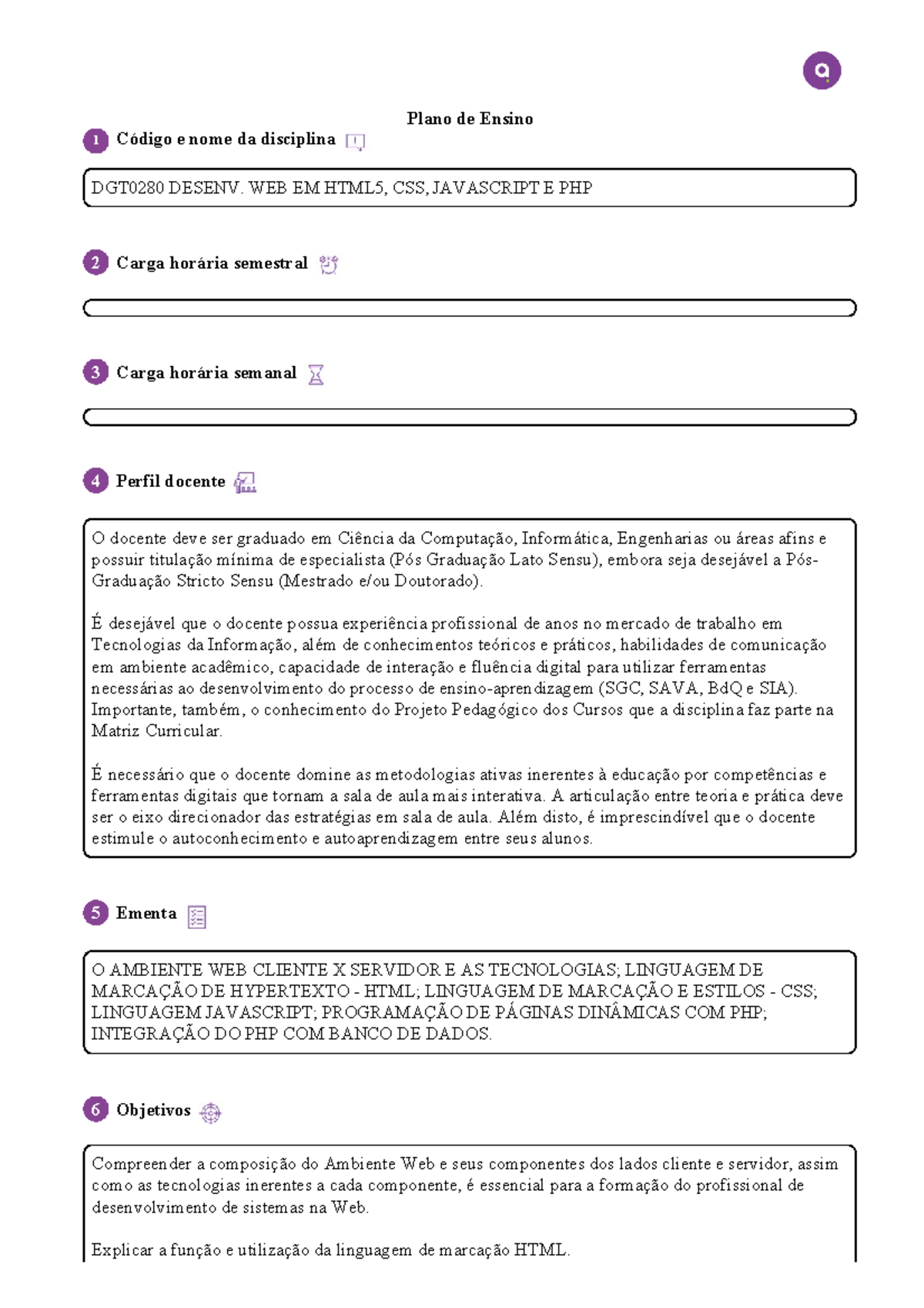 DGT0280 - Plano de Ensino em Desenvolvimento Web: HTML5, CSS, JS e PHP - Studocu