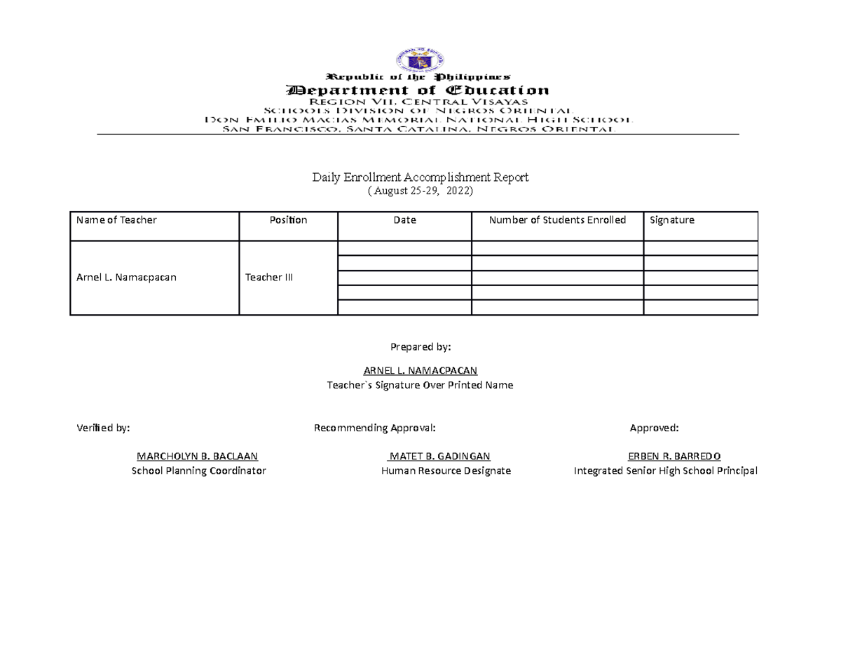 Enrollment Accomplishment Report for Period: Aug 25-29, 2022 - Studocu