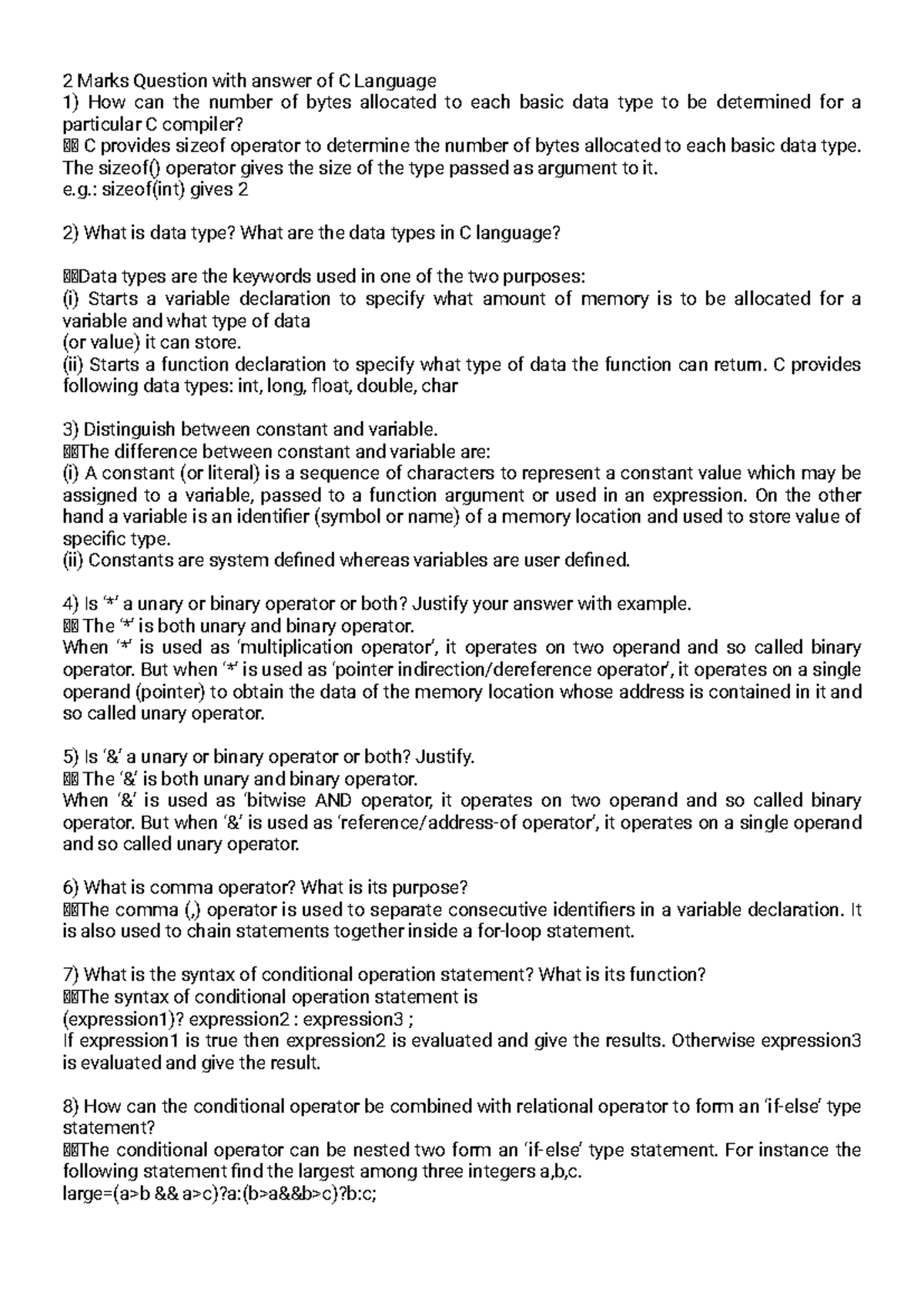 C Language 2 Marks Questions and Answers Guide - Studocu